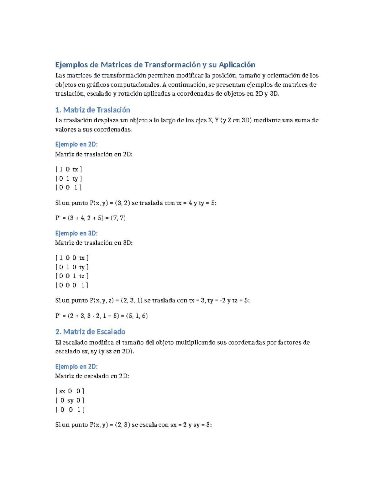 Ejemplos de Matrices de Transformación en Gráficos 2D y 3D - Studocu