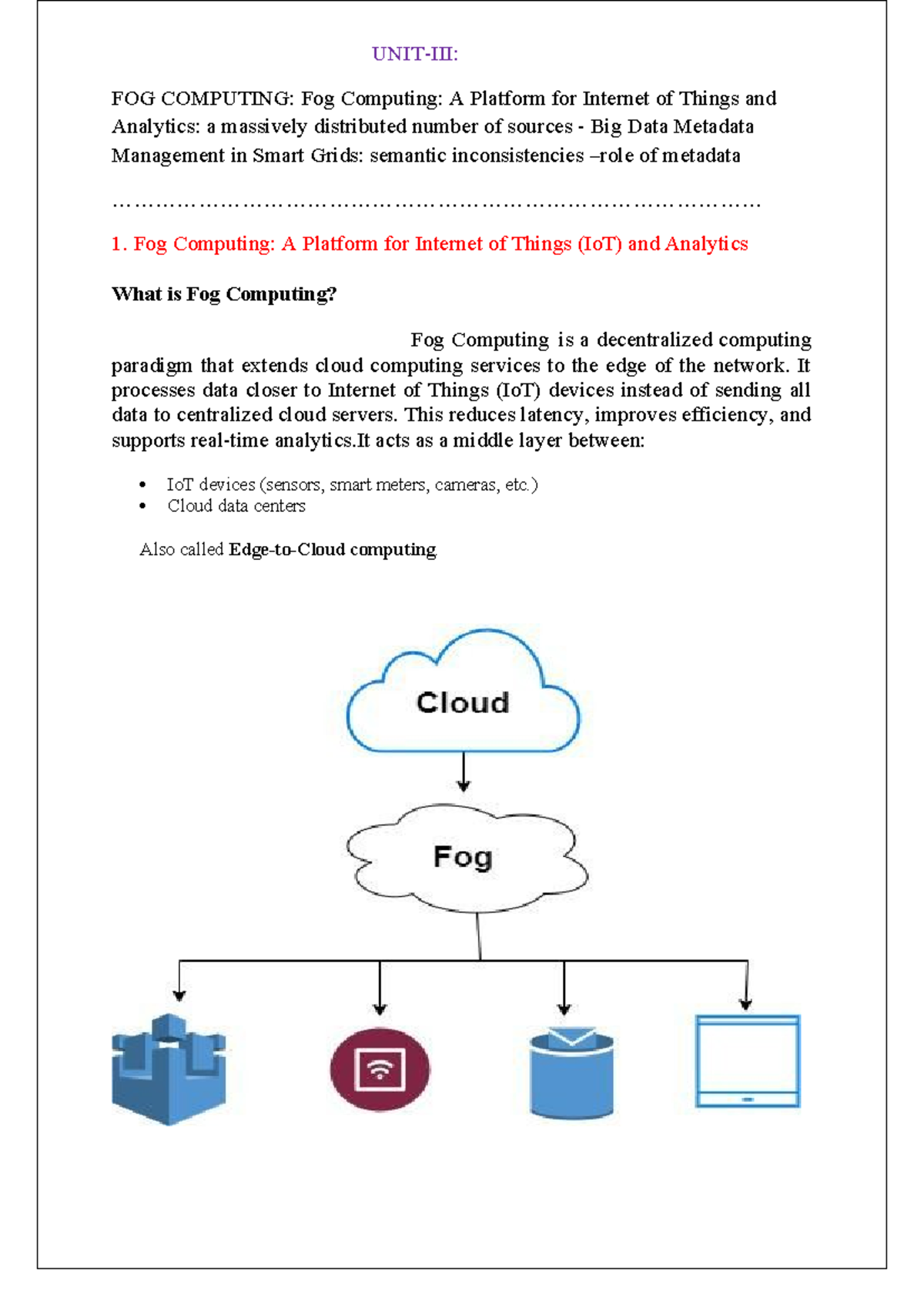 Fog Computing and Big Data Metadata Management in Smart Grids (Unit-3 ...