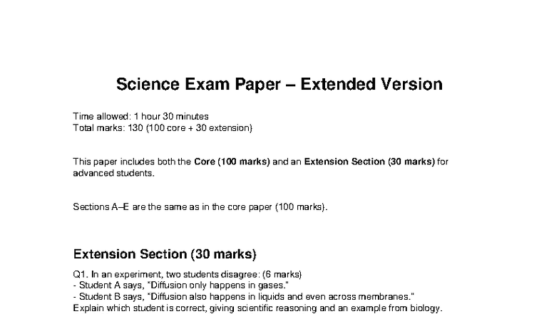 Science Exam Paper (Extended) - Core & Extension Sections - Studocu