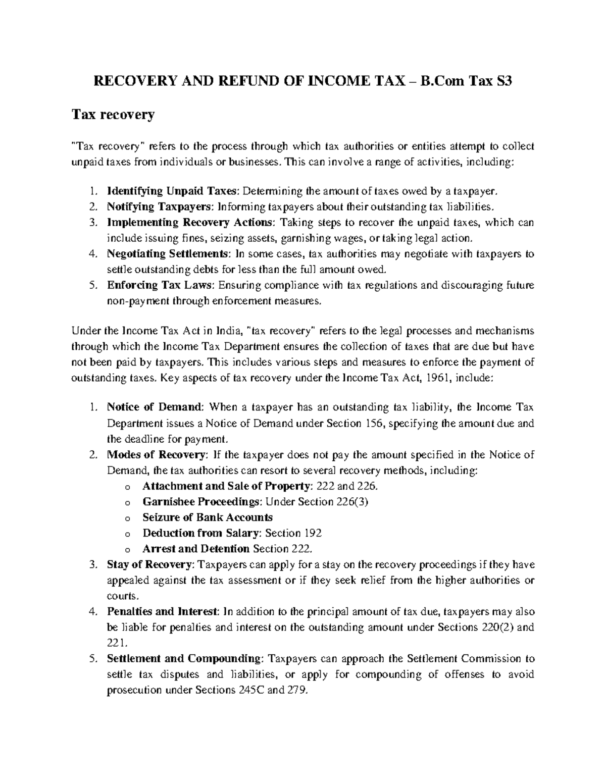 Tax Recovery Process Overview - B.Com Tax S3 - Studocu