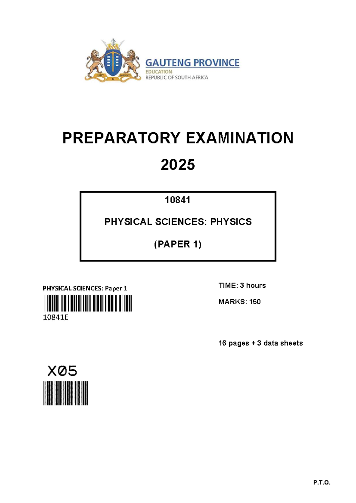 Prelim Exam 2025: Physical Sciences Physics (Paper 1) - Studocu