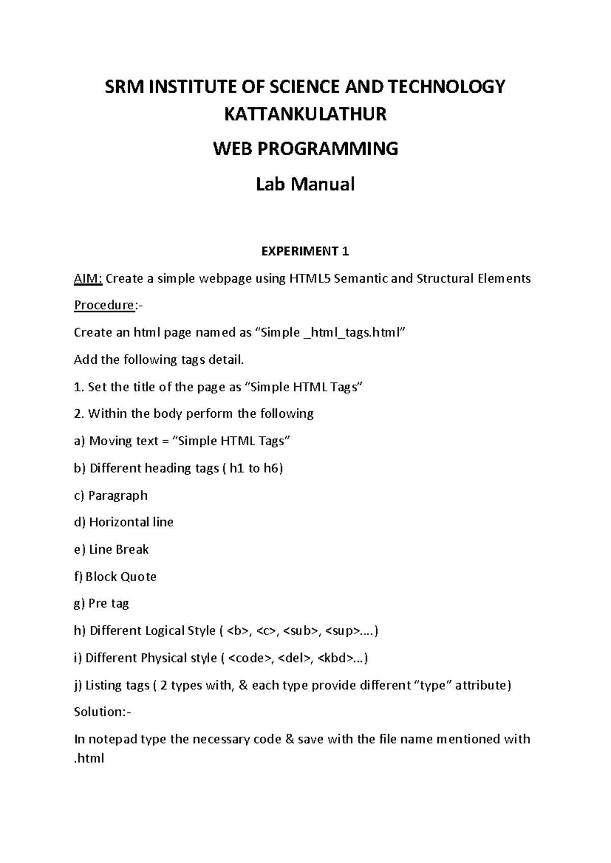 Web Programming - Lab Manual - SRM INSTITUTE OF SCIENCE AND TECHNOLOGY ...