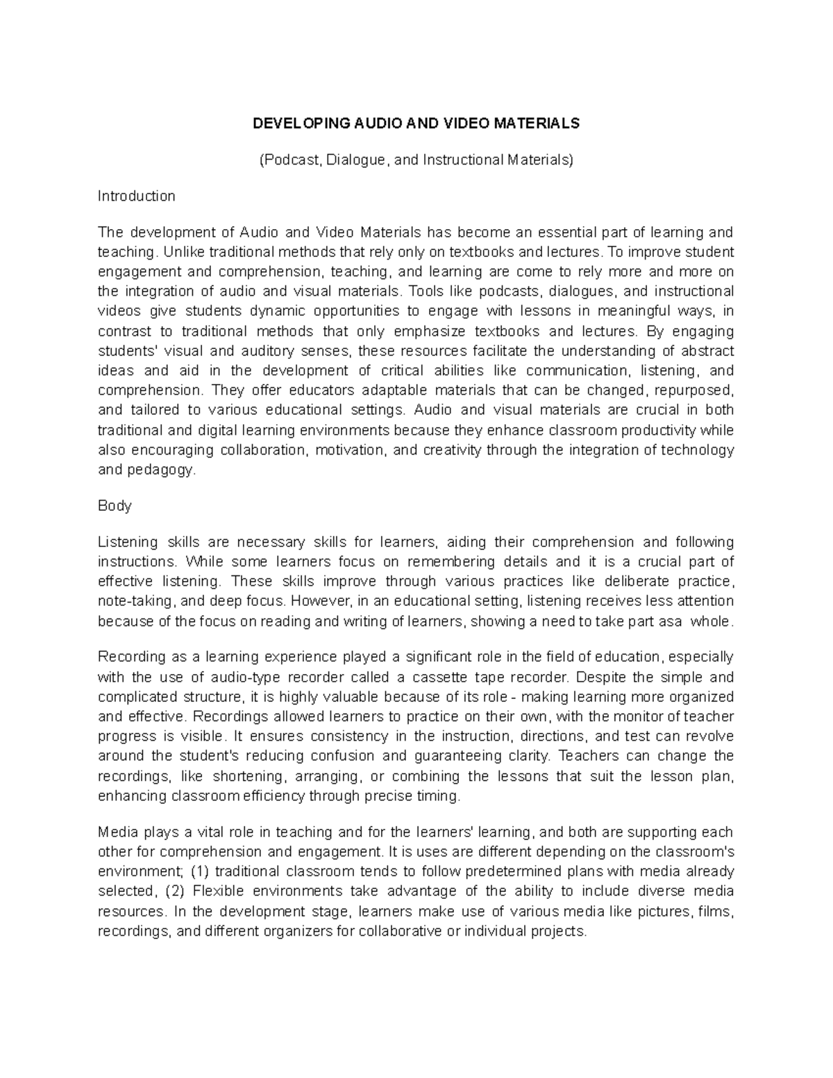 DEVELOPING AUDIO & VIDEO MATERIALS (LLMD) for Enhanced Learning - Studocu