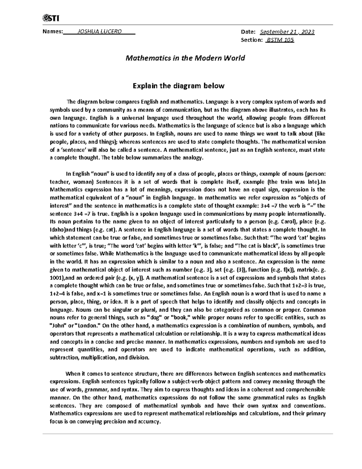 English VS MATH - eqafasfga - Names: JOSHUA LUCERO Date: September 21 ...