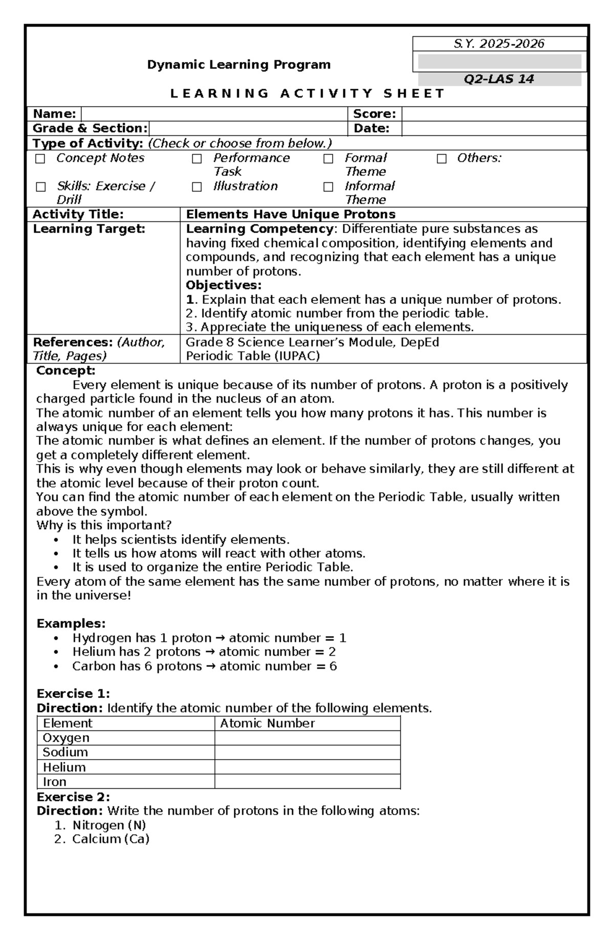 Science 8 Q2 D14: Unique Protons in Elements Activity Sheet - Studocu