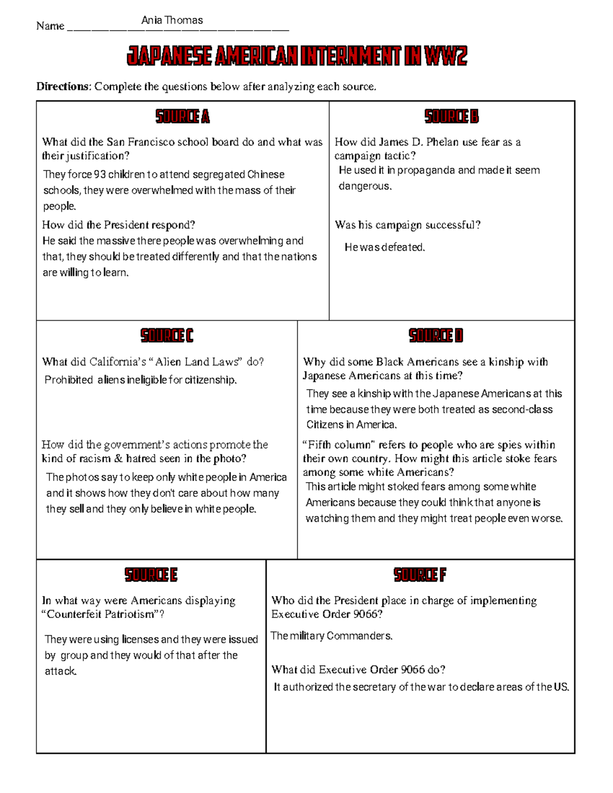 Japanese Internment in WWII - Analysis & Questions - G.O. - Studocu