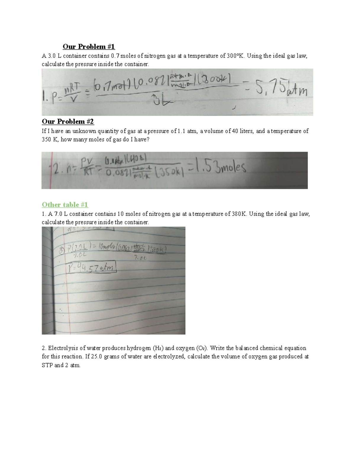 Gas laws review: Ideal gas law calculations and electrolysis reactions ...