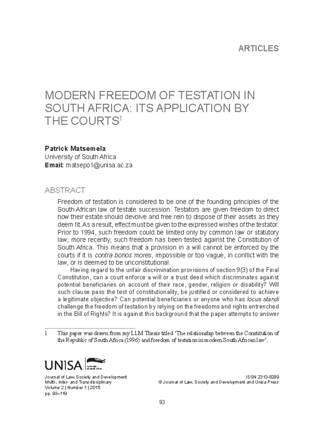 Modern Freedom of Testation in SA: Court Applications and Trends - Studocu