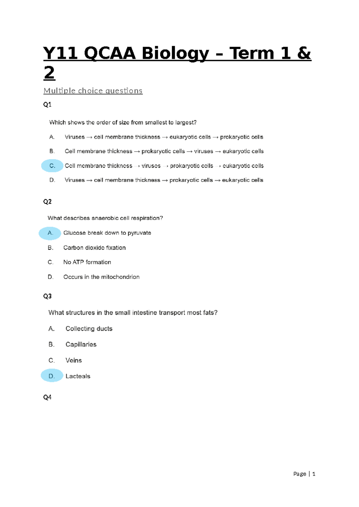 Y11 QCAA Biology Term 1 & 2 Multiple Choice & Short Answer Review - Studocu