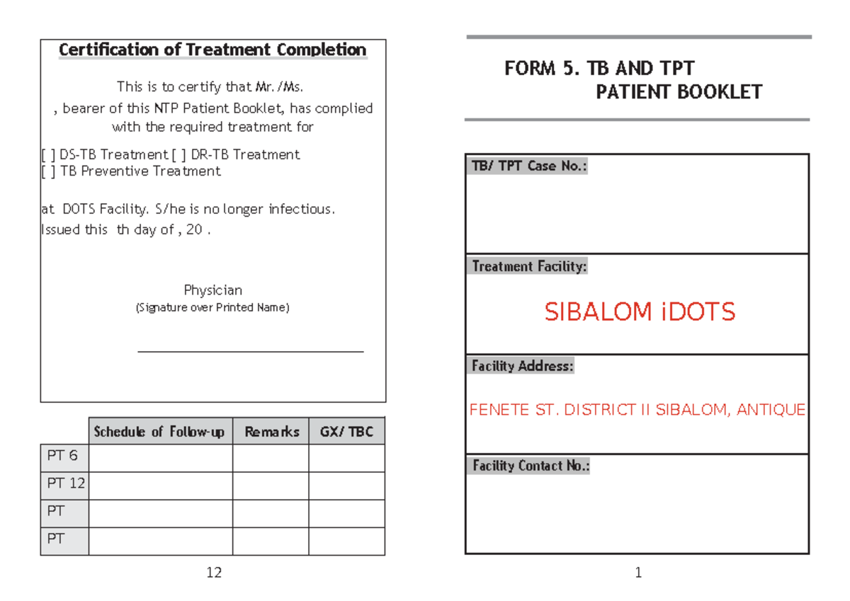 Form 5: TB and TPT Patient Booklet - Sibalom iDOTS Facility - Studocu