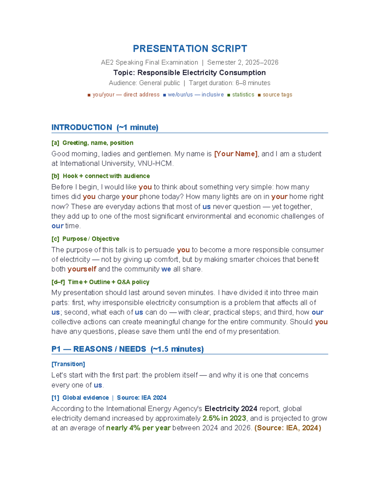 AE2 Speaking Final Exam Script: Responsible Electricity Consumption ...