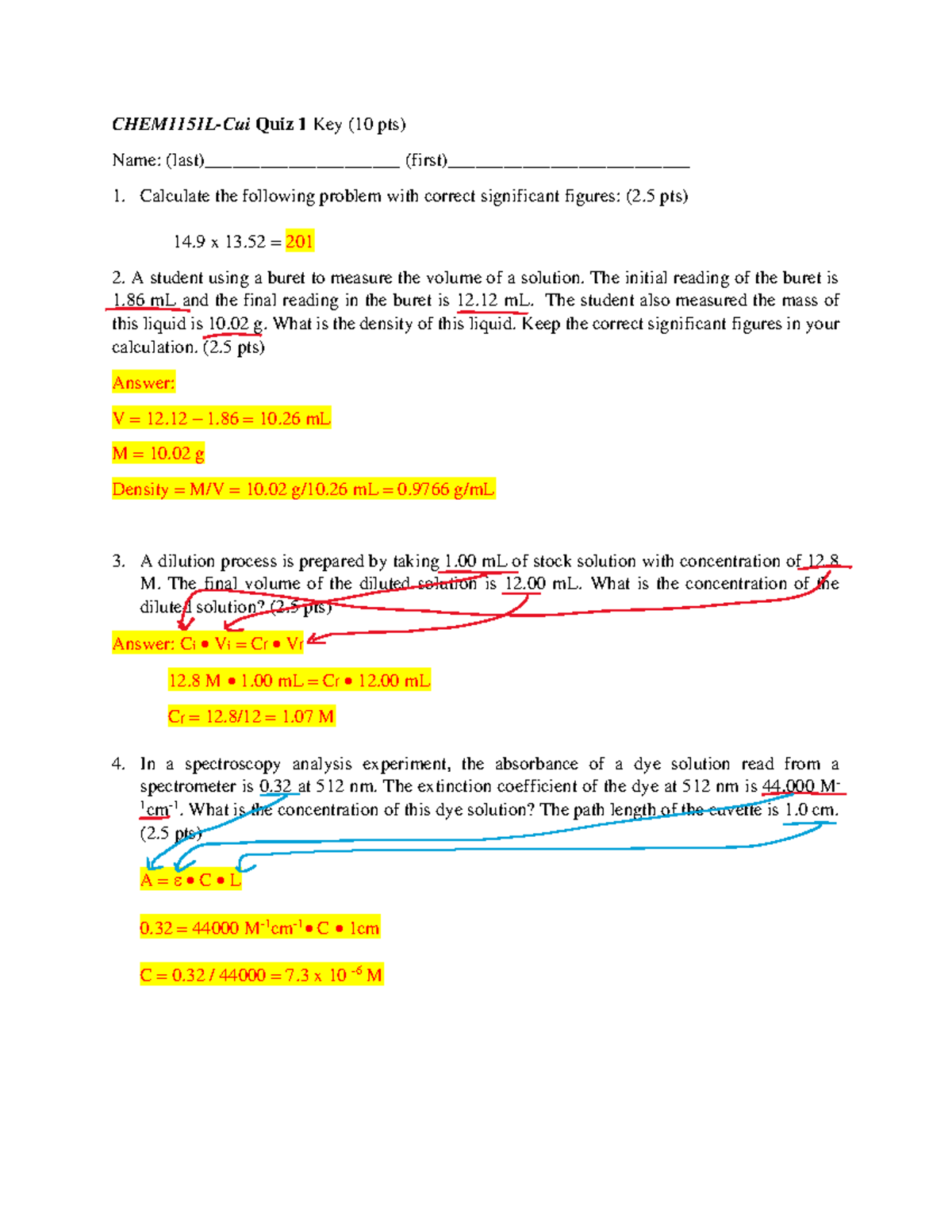 CHEM1151L Quiz 1 Key - Significant Figures & Calculations Answers - Studocu