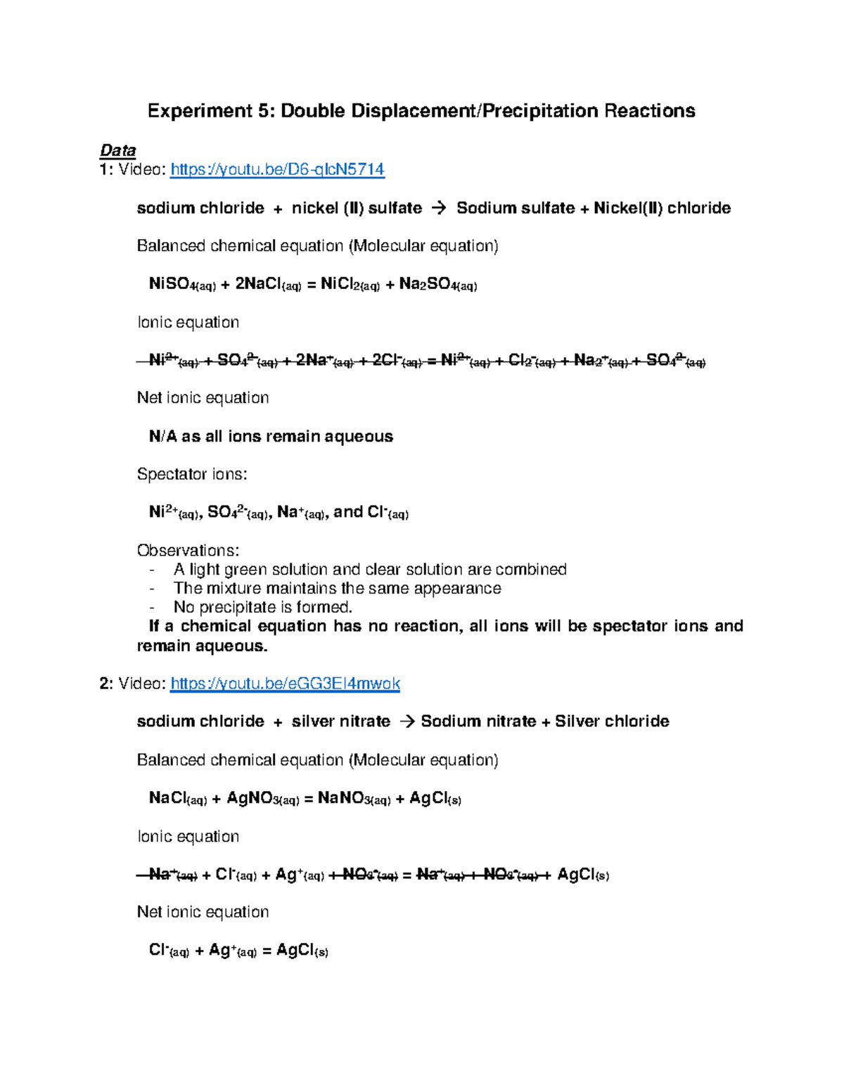 Double Displacement Precipitation Reactions - Experiment 5: Double ...