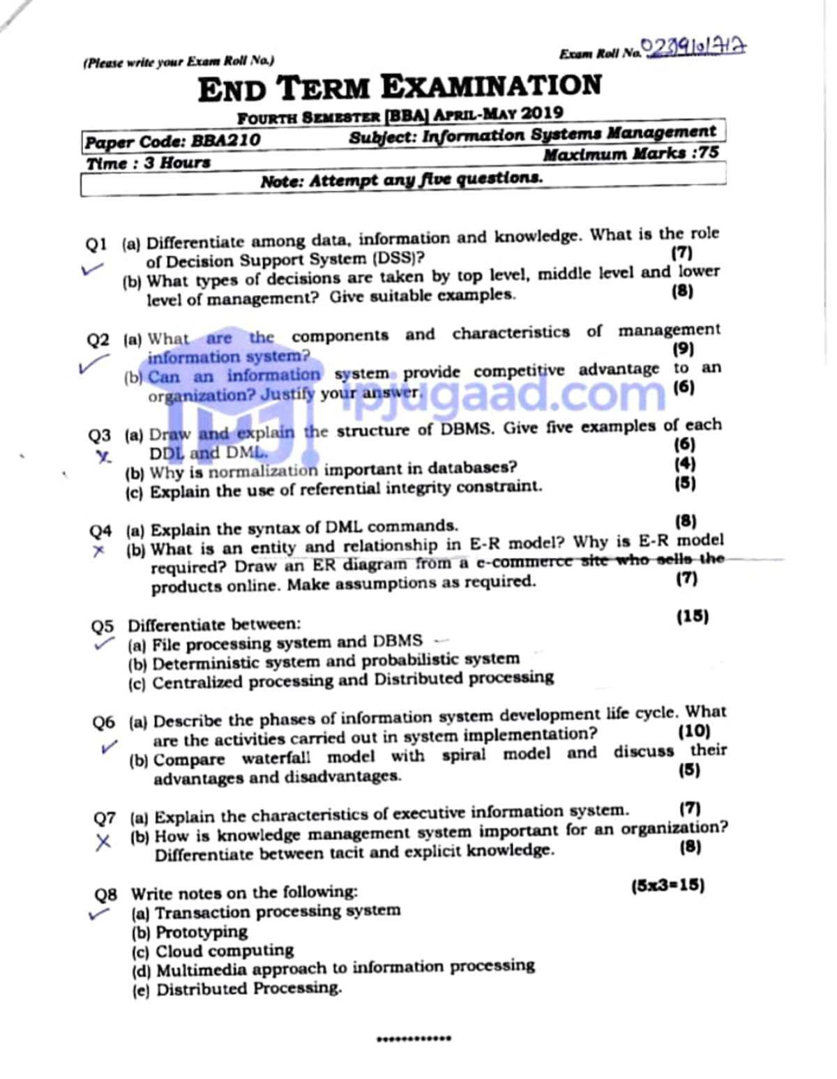 ISM PYQ - ISM IMPORTANT - (Please wrlte your Exam Roll Na) END TERM EKAMINATION FoURTH 8zxzSTER ...