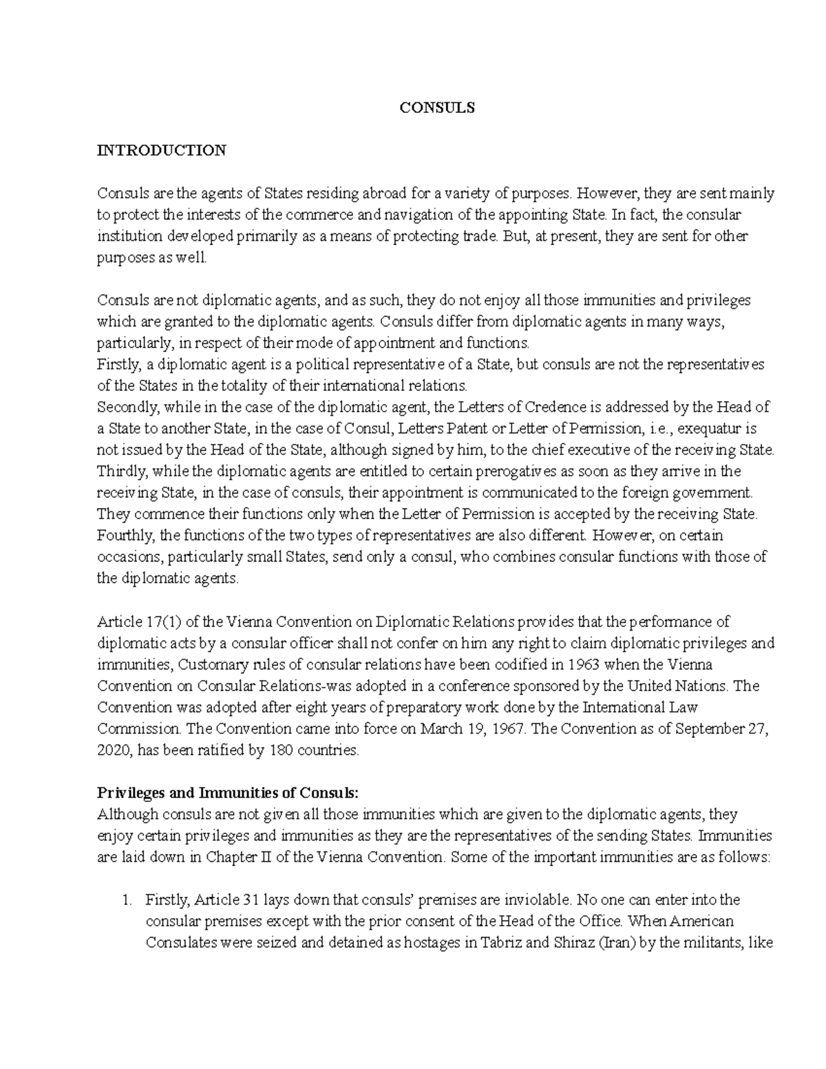 Consuls - Lecture Notes on Privileges and Immunities - Studocu