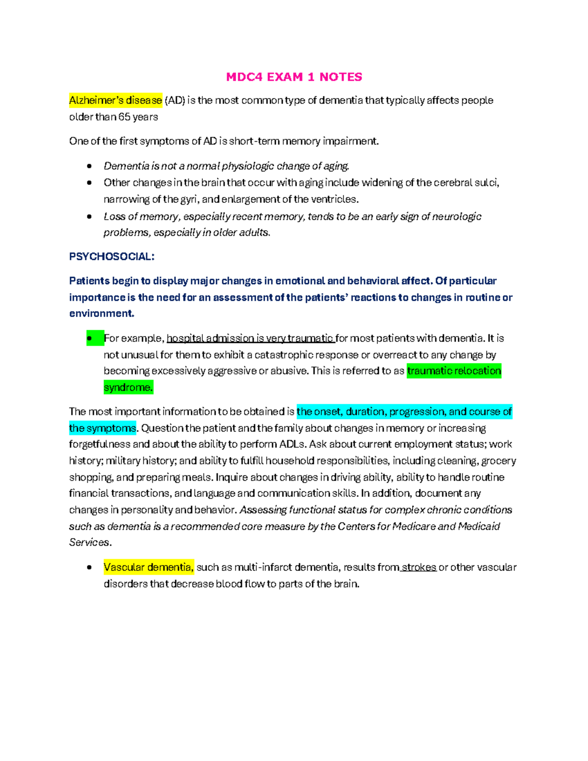MDC4 EXAM 1 Notes - MDC4 EXAM 1 NOTES Alzheimer’s disease (AD) is the ...