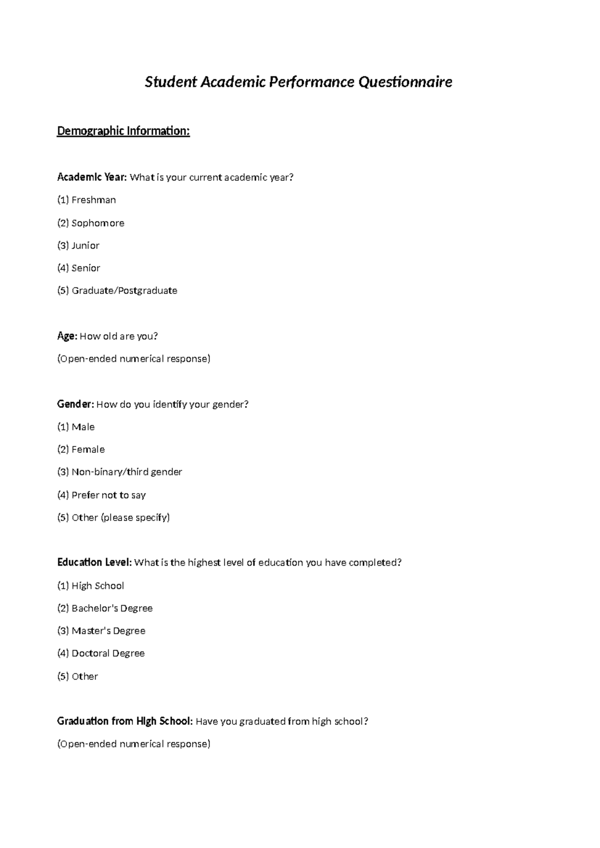 Academic Performance Questionnaire: Demographics & Engagement Insights ...