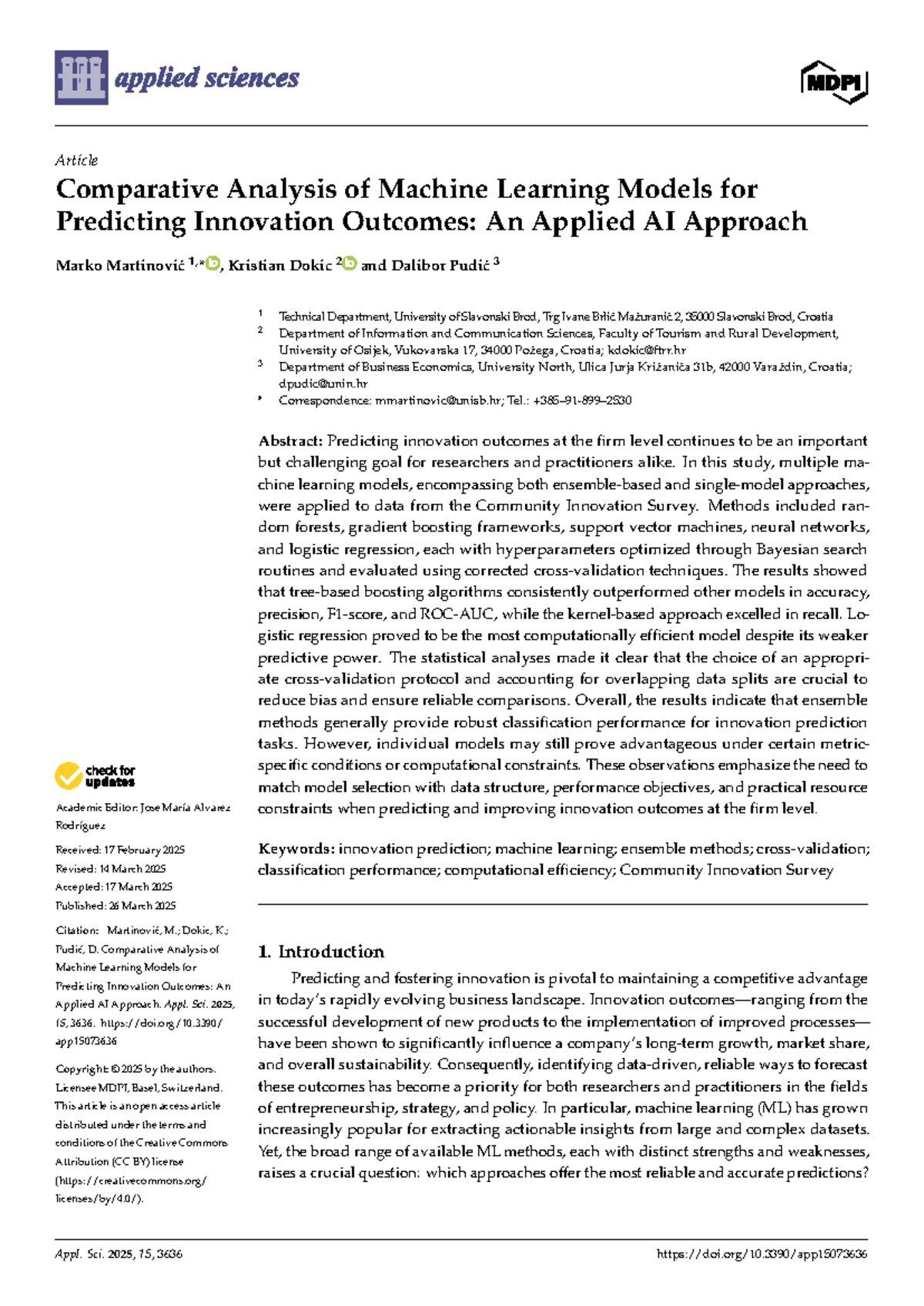 Comparative Analysis of ML Models for Innovation Prediction (Appl. Sci ...