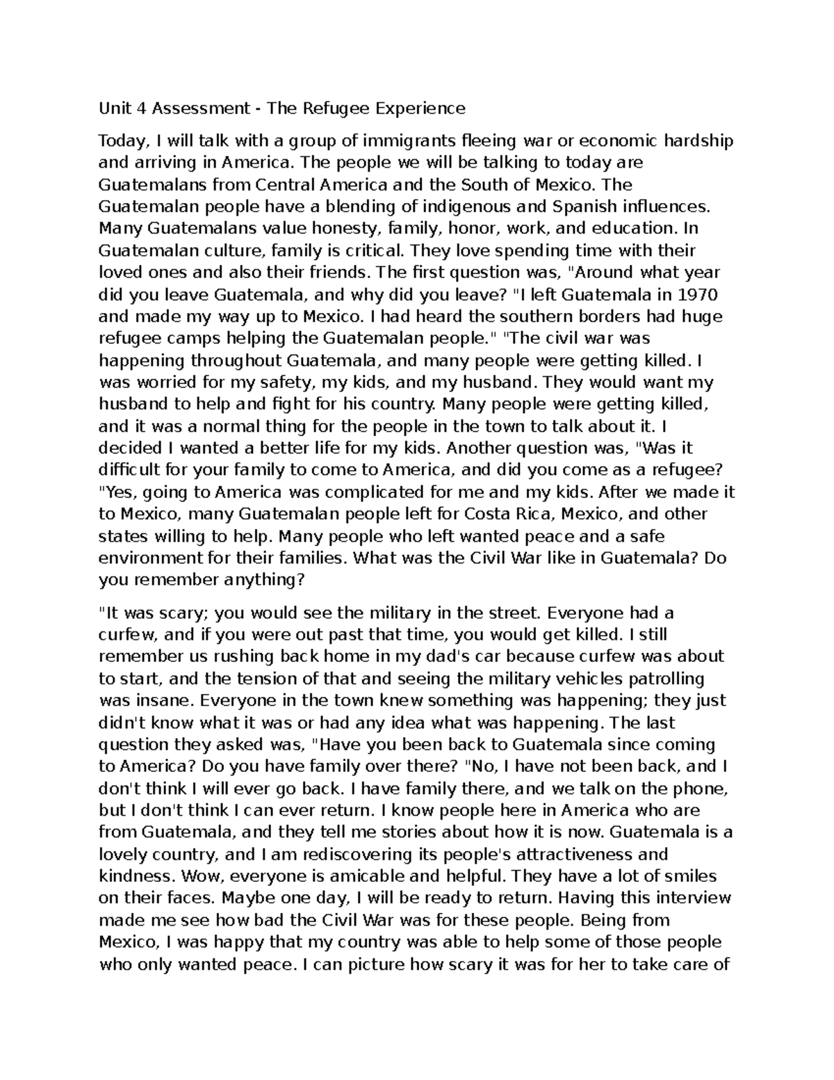 Unit 4 Assessment: Insights into the Guatemalan Refugee Experience ...