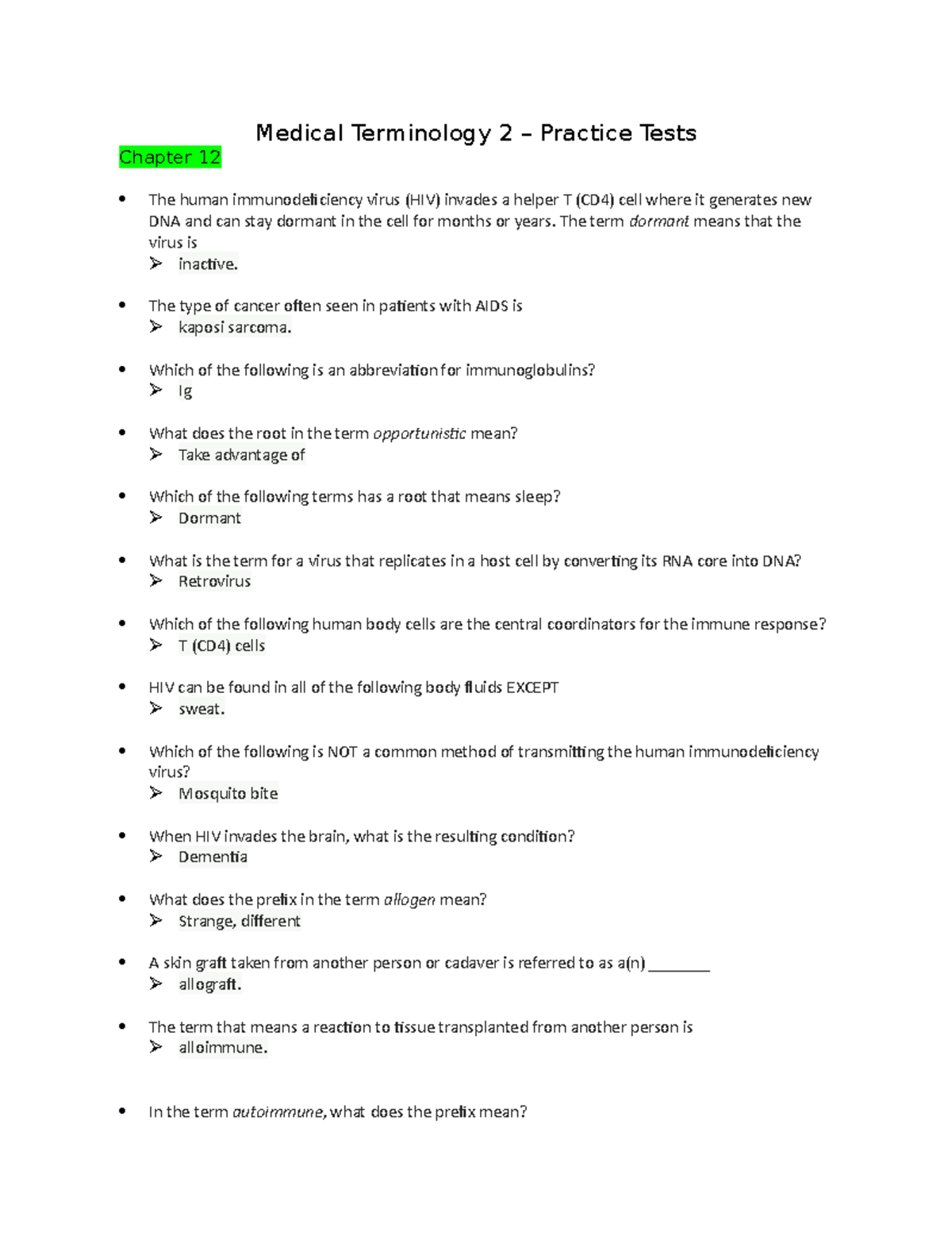 MED 122 Practice Tests - Medical Terminology 2 – Practice Tests Chapter ...