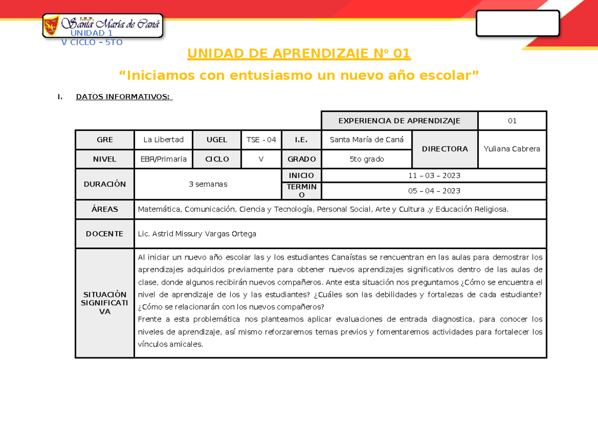 1. Primera Unidad - V CICLO – 5TO GRADO UNIDAD DE APRENDIZAJE N° 01 ...