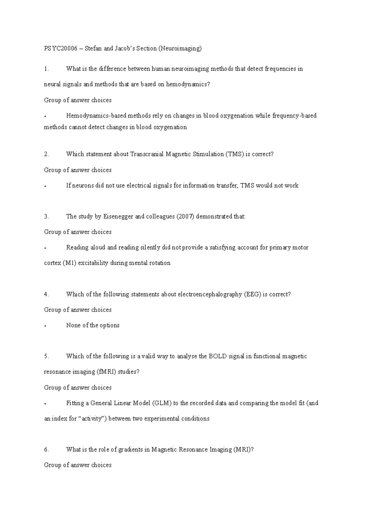 PSYC2000 6 - Quiz 1 on Neuroimaging Methods and Techniques - Studocu