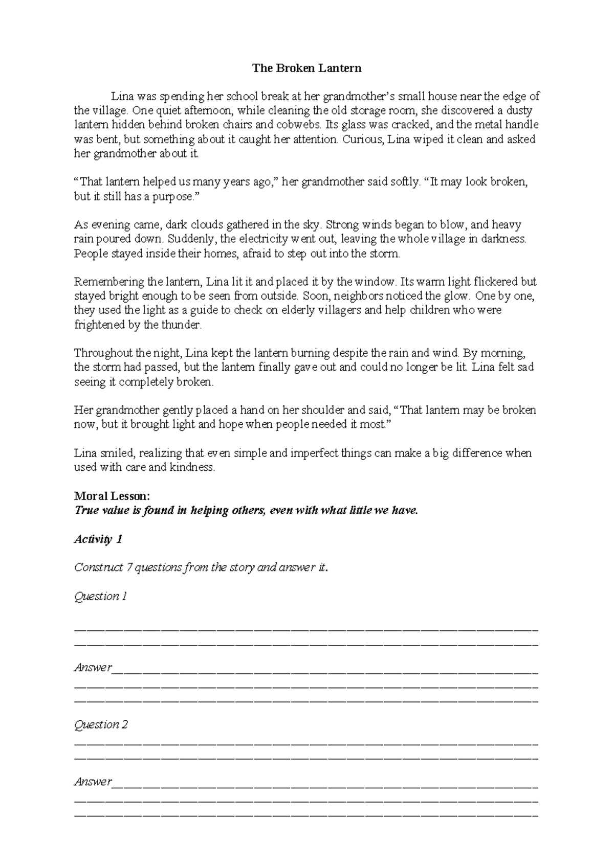 Activity Sheet Week 8: The Broken Lantern - Questions & Answers - Studocu