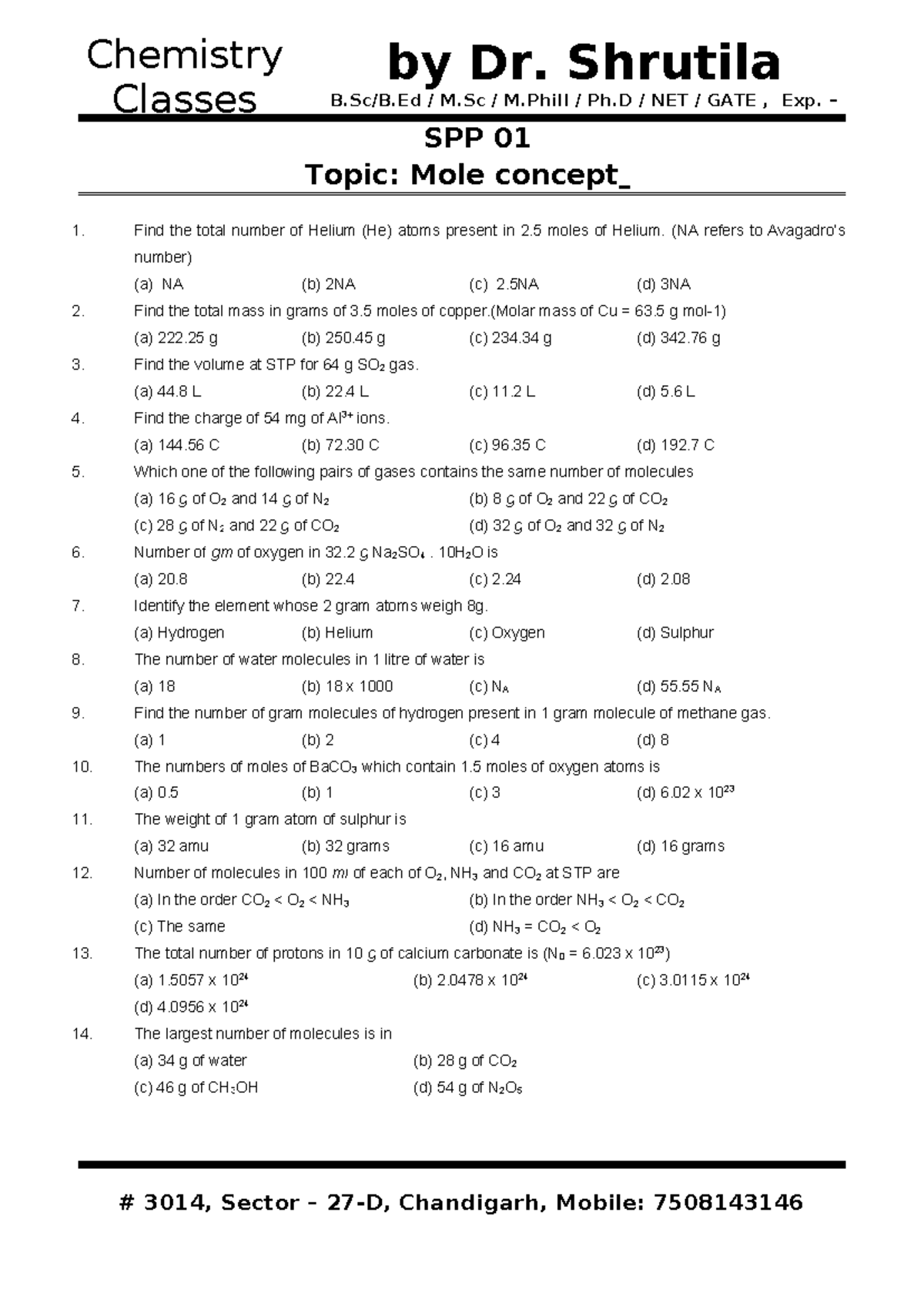 SPP-01 Mole Concept - Self Practice Paper for Chemistry Classes - Studocu