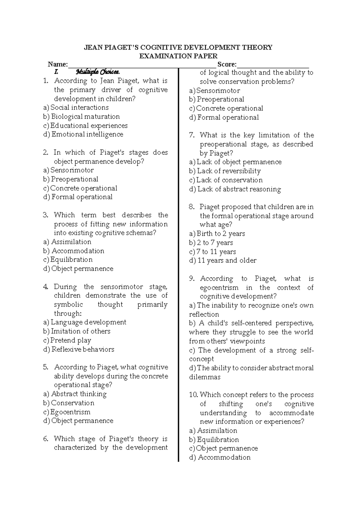 Exam Questions on Jean Piaget's Cognitive Development Theory - Studocu