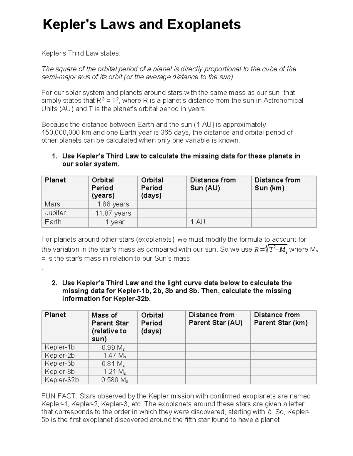 Exoplanets worksheet - this is just - Kepler's Laws and Exoplanets ...