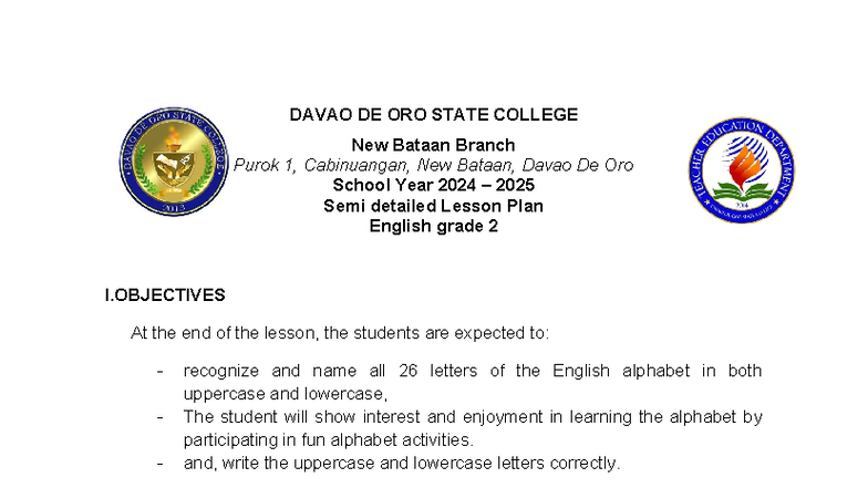 Grade 2 English Lesson Plan: Learning the Alphabet (SY 2024-2025) - Studocu