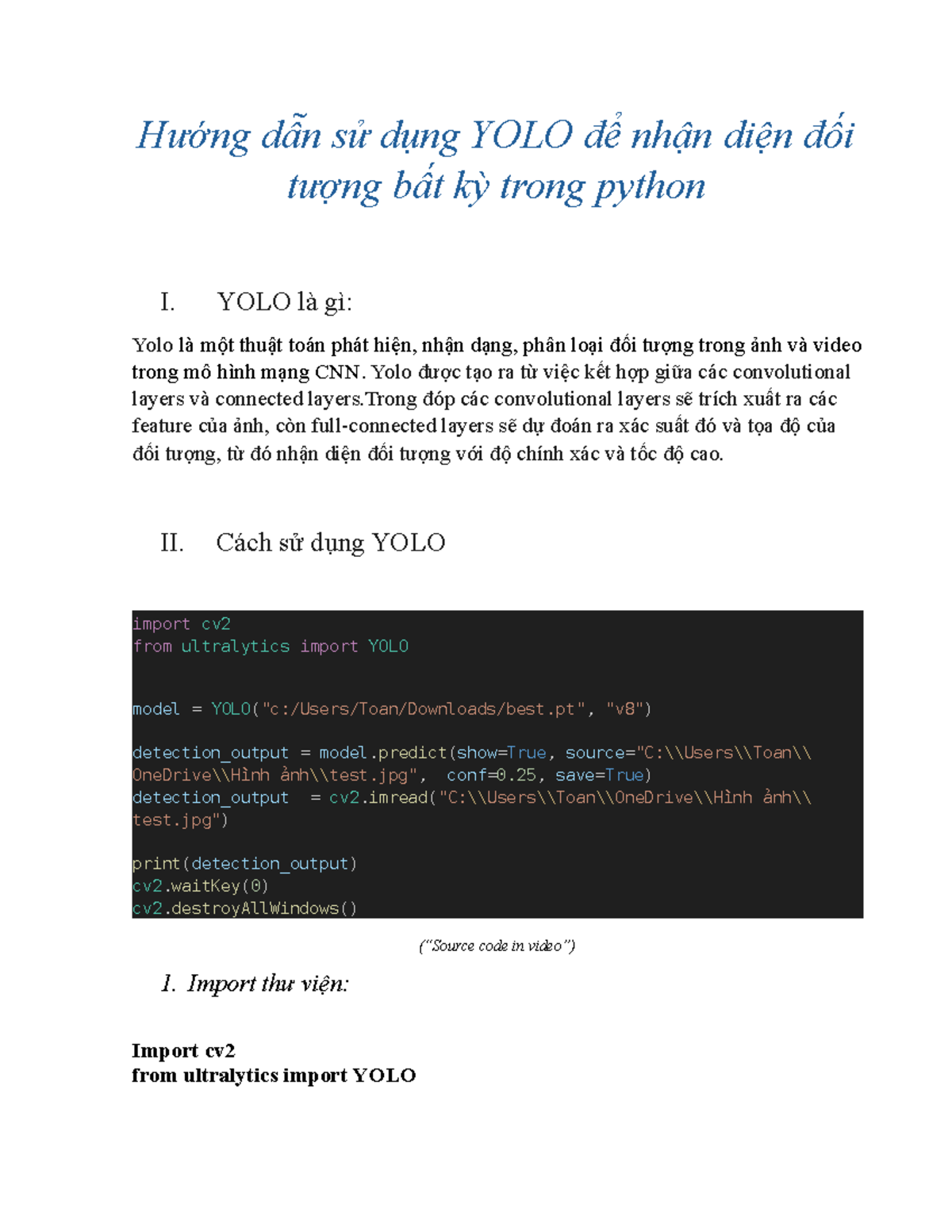 Hướng Dẫn Sử Dụng YOLO cho Nhận Diện Đối Tượng Trong Python - Studocu