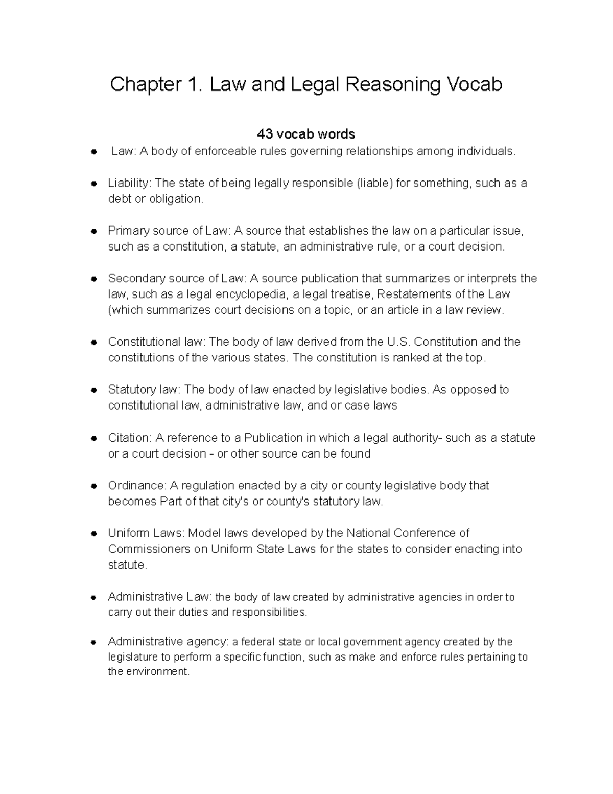 Chapter 1: Law and Legal Reasoning Vocab - Key Terms Explained - Studocu