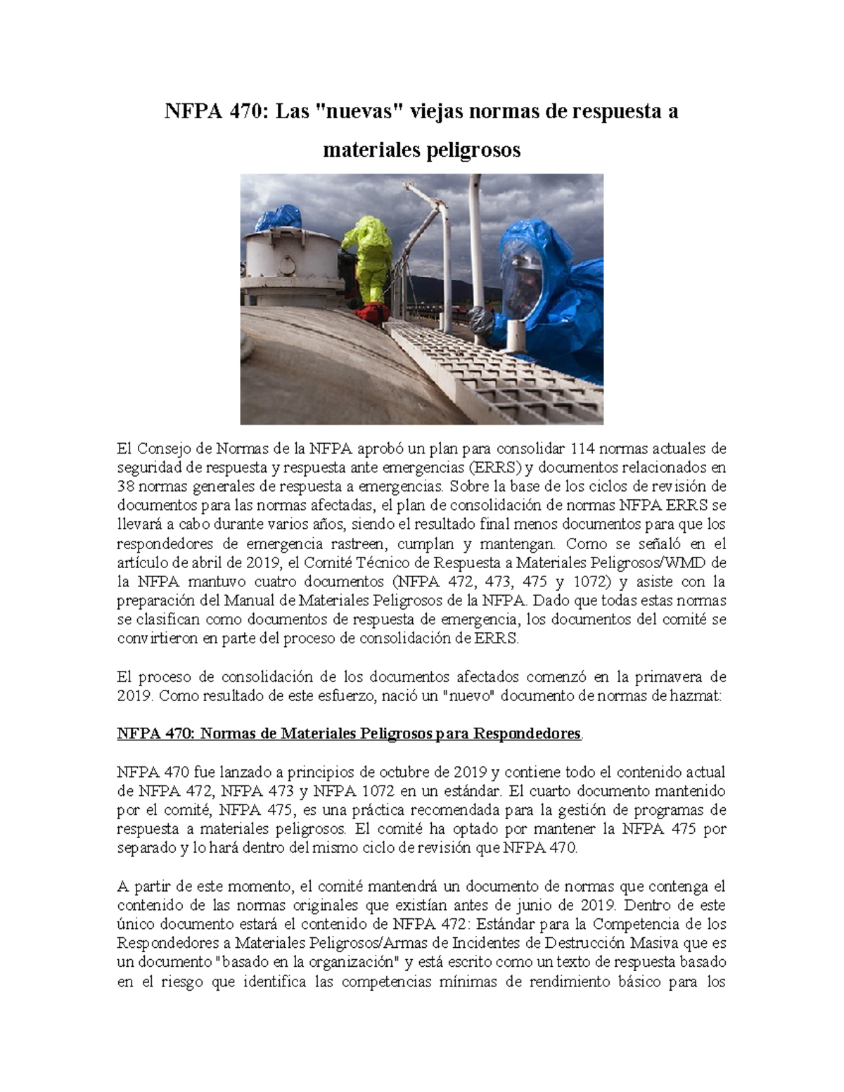 Nuevo Título: NFPA 470: Consolidación de Normas de Respuesta a ...