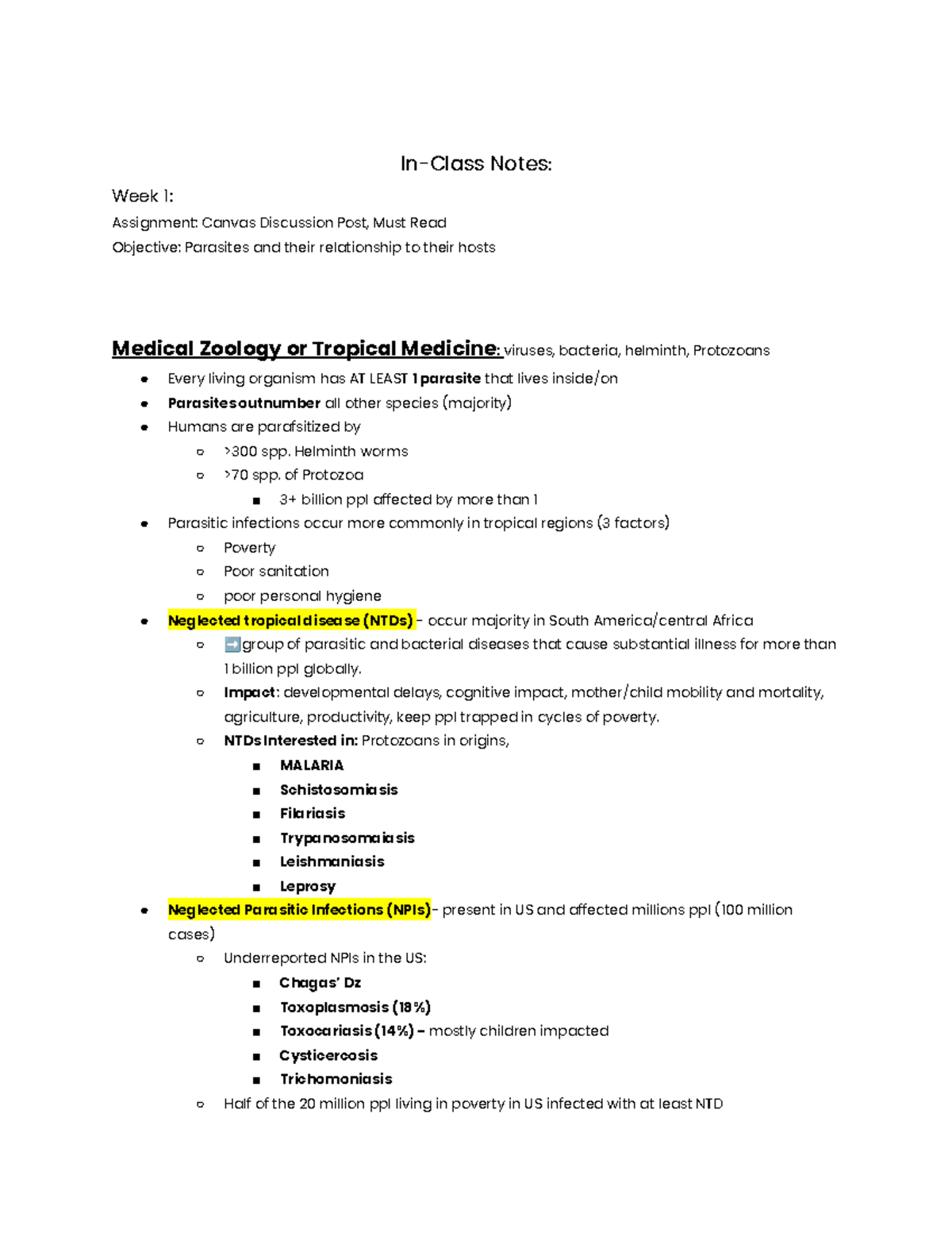 Human Parasitology: Week 1 & 2 Notes for Medical Zoology (MZ 101) - Studocu
