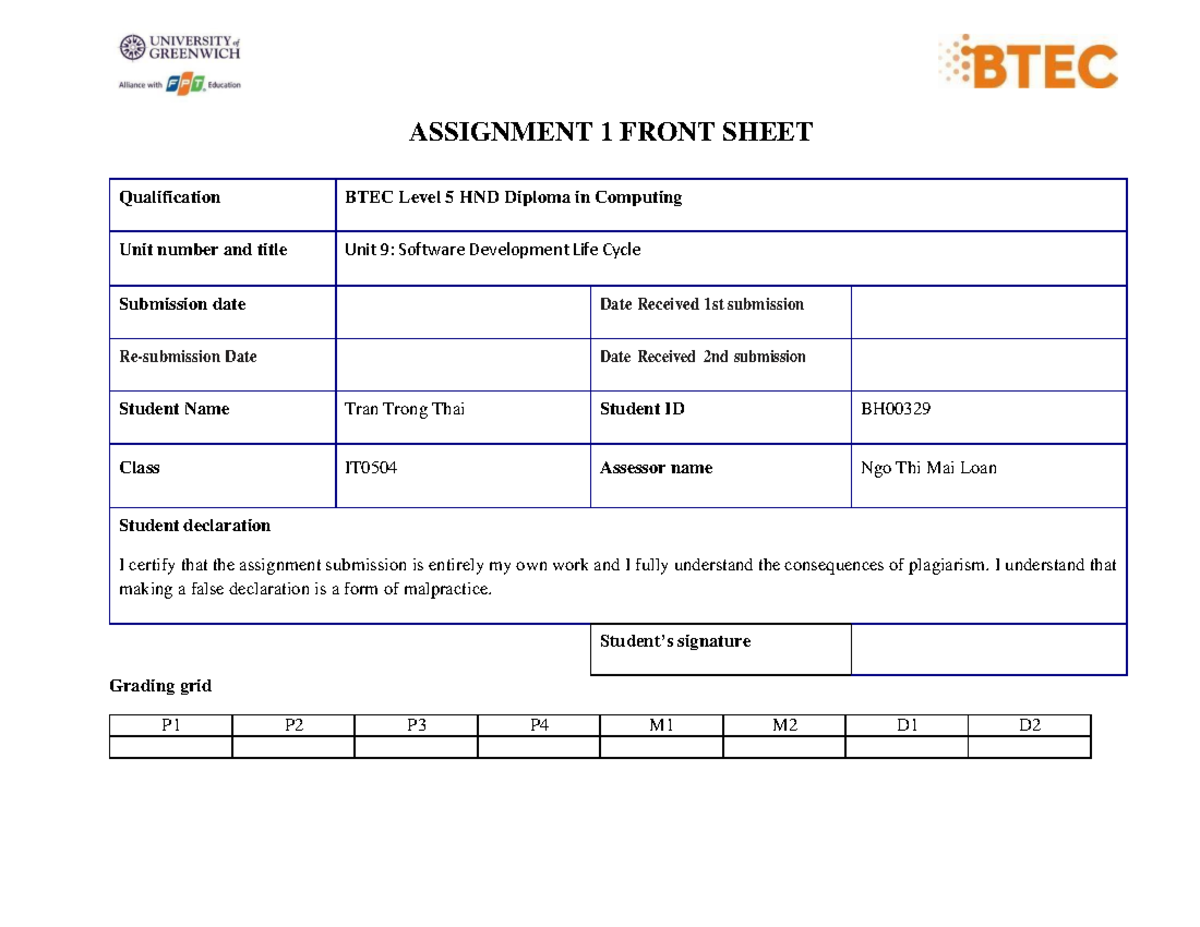 Tran Trong Thai- bh00329 - SDLC - Assignment 1 - ASSIGNMENT 1 FRONT SHEET Qualification BTEC ...