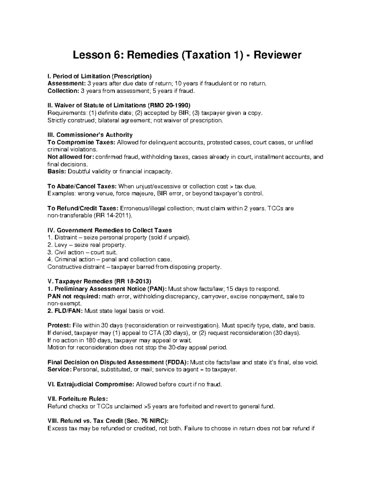 Lesson 6: Tax Returns & Remedies (Taxation 1) Reviewer - Studocu