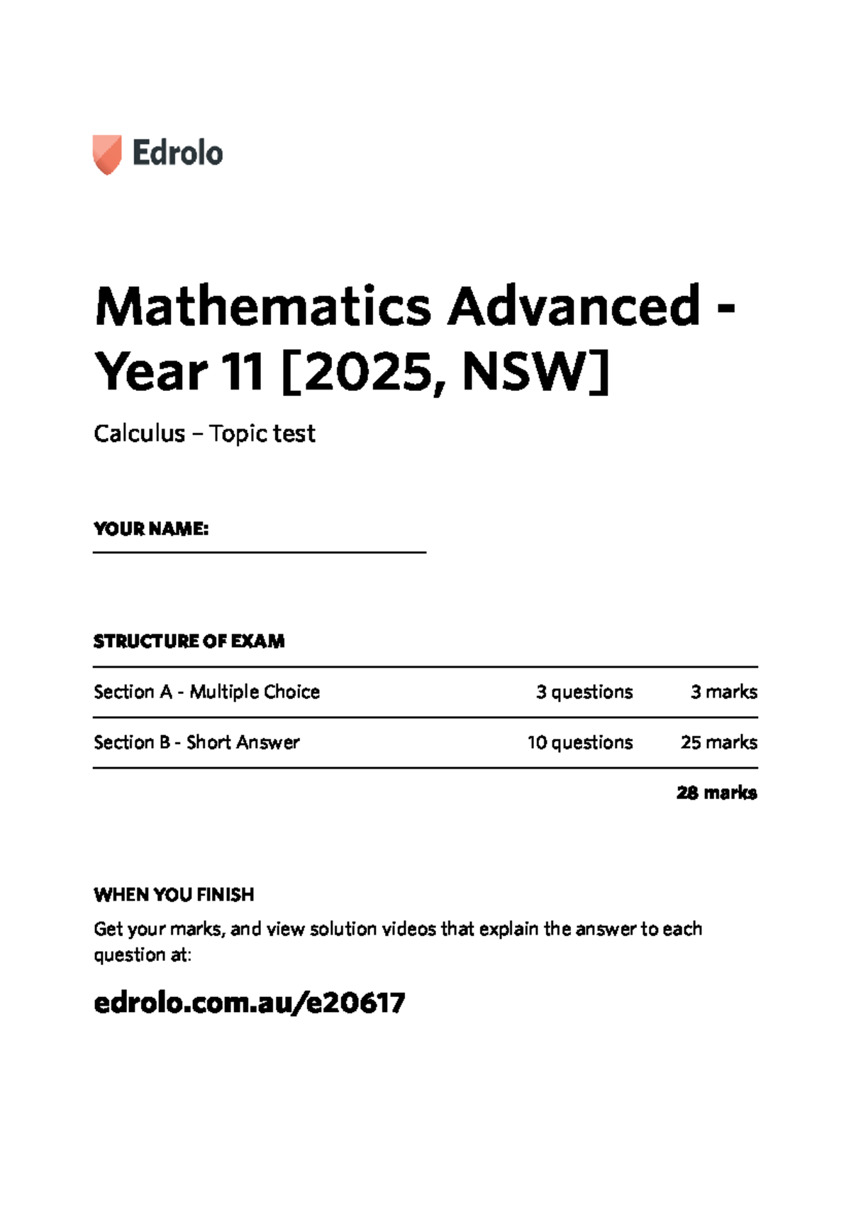 Calculus Advanced Year 11 Topic Test - Structure & Questions - Studocu
