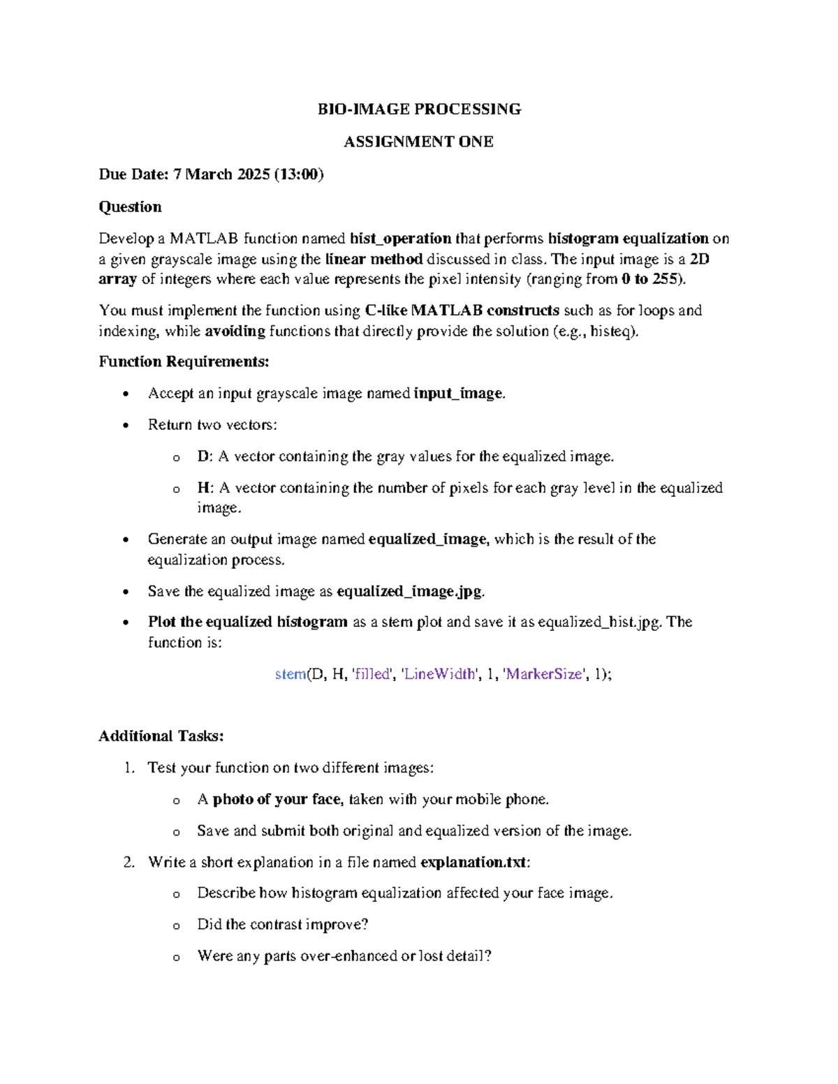 Assignment 1 - This is the DIP course - BIO-IMAGE PROCESSING ASSIGNMENT ONE Due Date: 7 March ...