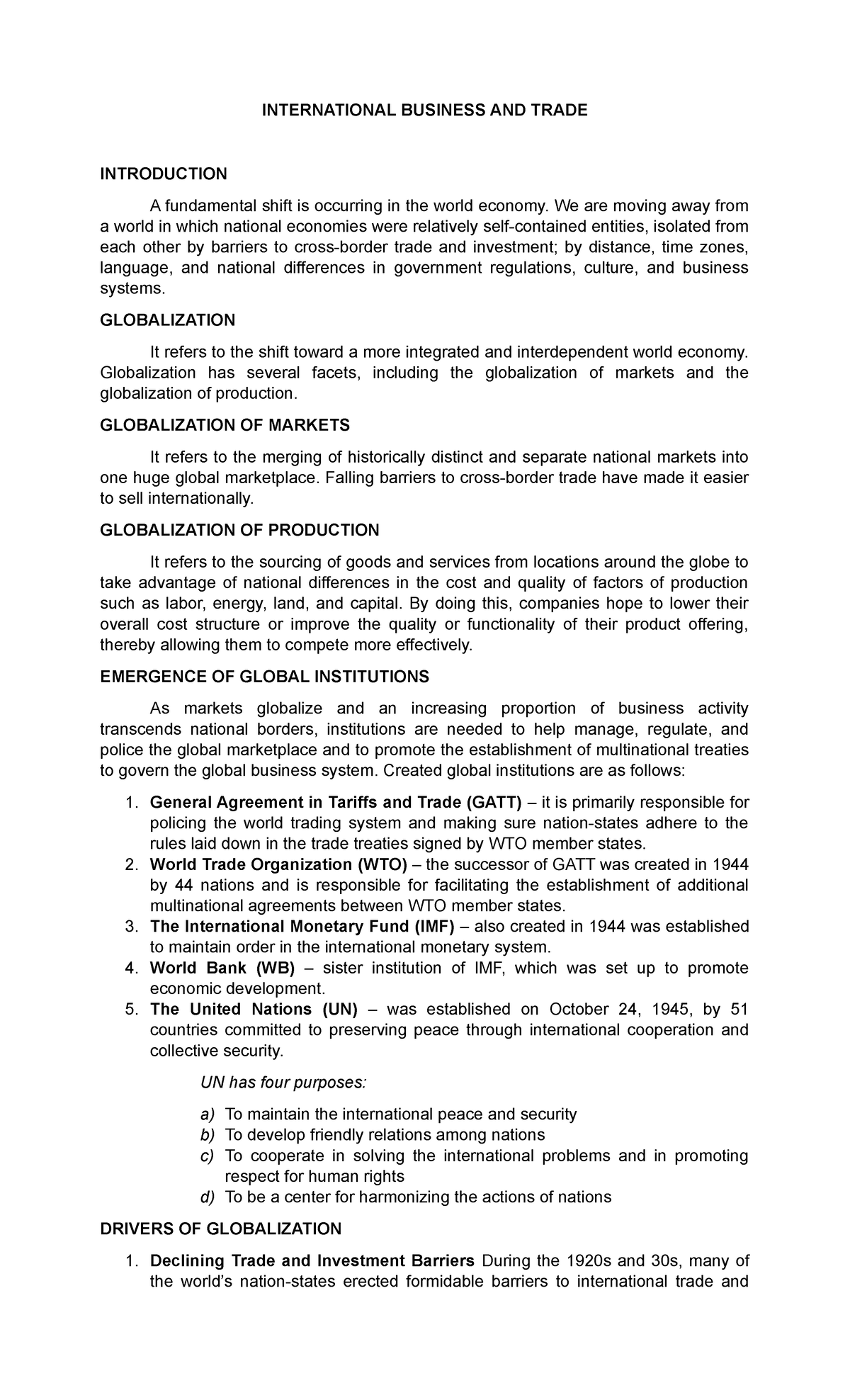 IBT Outline: Key Concepts in International Business & Trade Theory ...