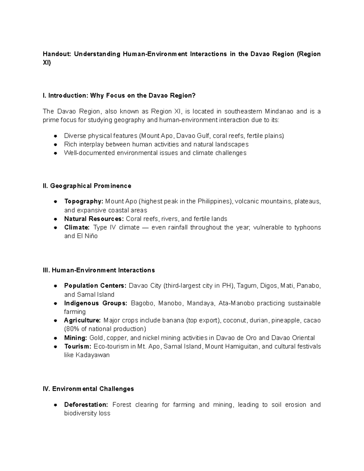 Handout: Human-Environment Interactions in Davao Region (Region XI ...