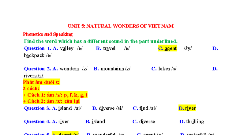 UNIT 5: NATURAL WONDERS OF VIET NAM - Phonetics & Grammar Exercises ...