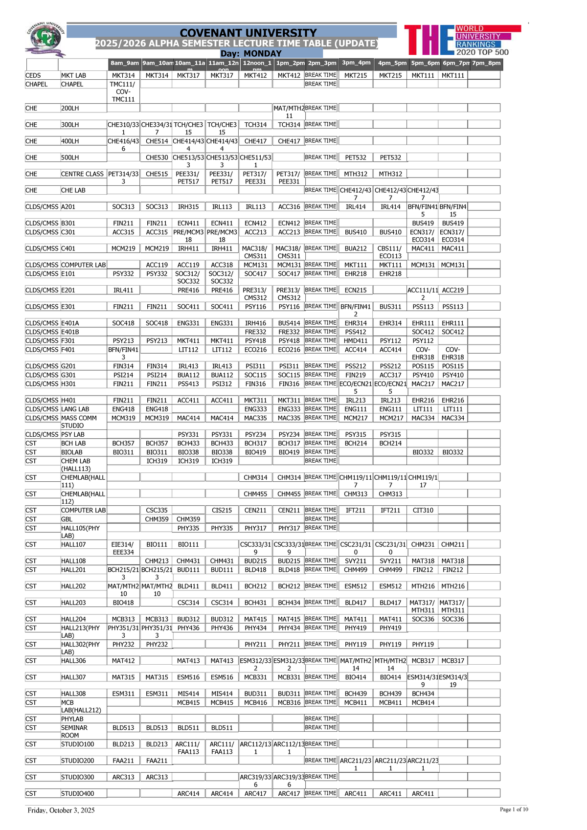 COVENANT UNIVERSITY ALPHA SEMESTER LECTURE TIMETABLE (UPDATED) - Studocu