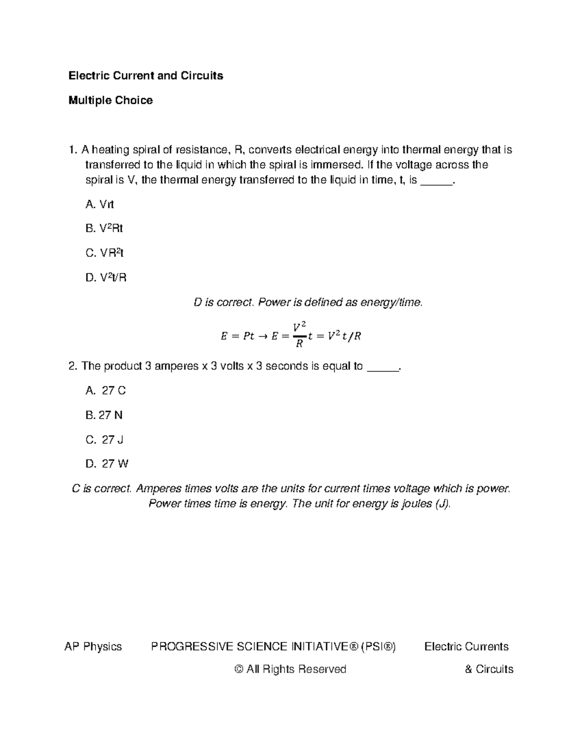 AP Physics 2: Electric Current & Circuits MCQs with Solutions - Studocu