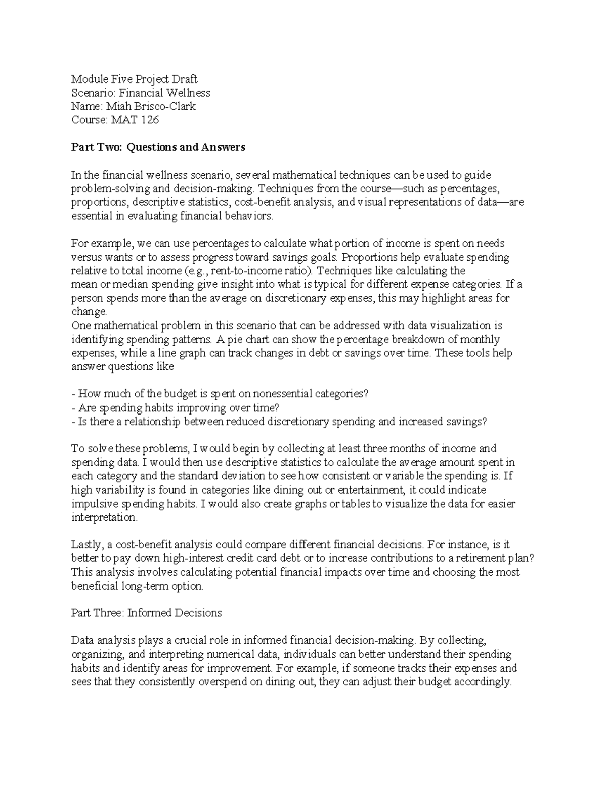 MAT 126 Module 5 Project Draft: Financial Wellness Analysis - Studocu
