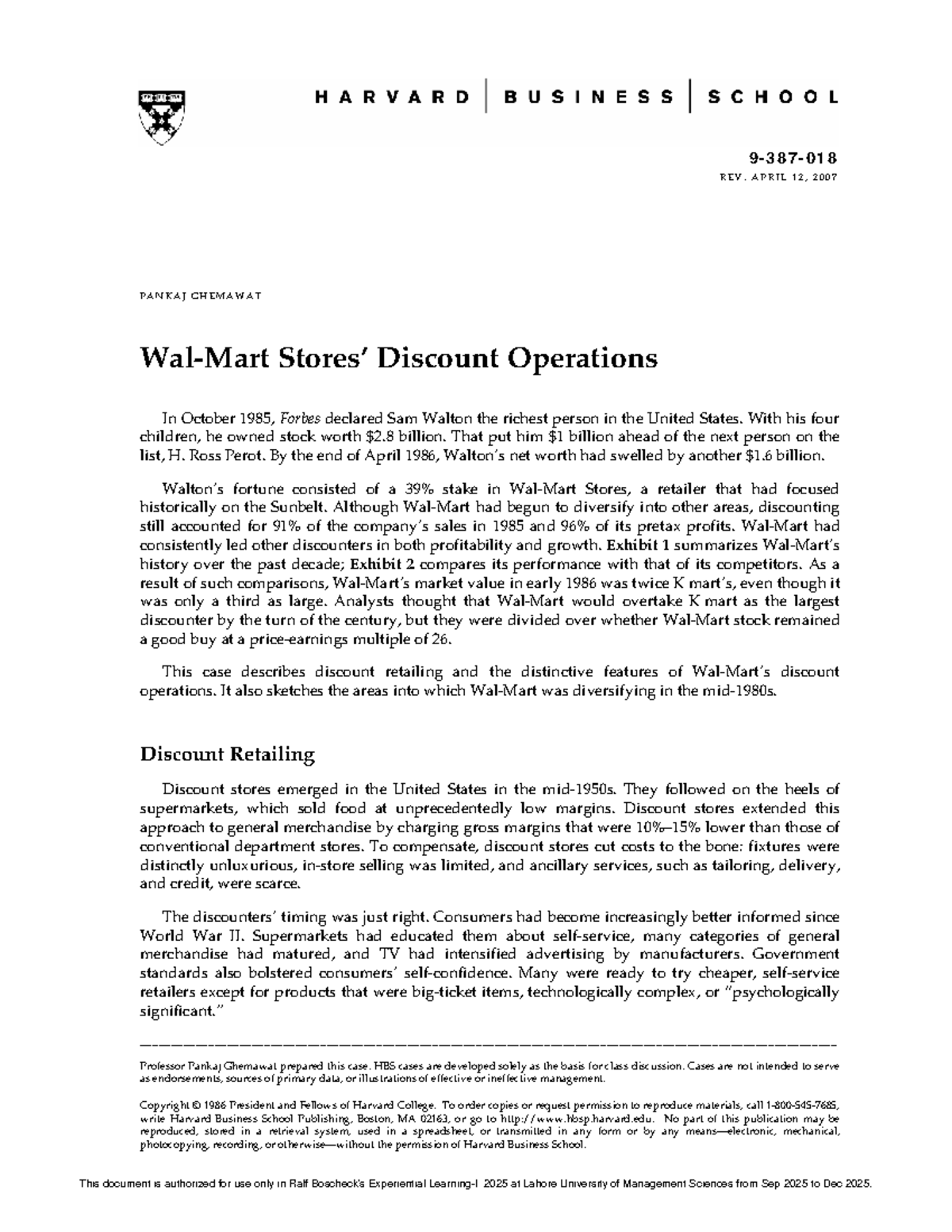 Day 2: Wal-Mart Stores Discount Operations Case Study (Ralf Experiential 2025) - Studocu