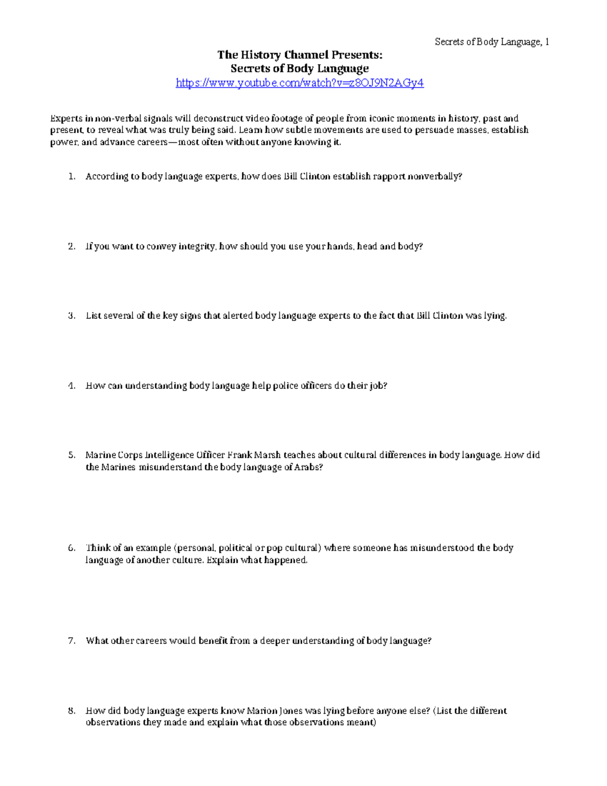 BODY 101 - Secrets of Body Language - Worksheet for Understanding Non ...