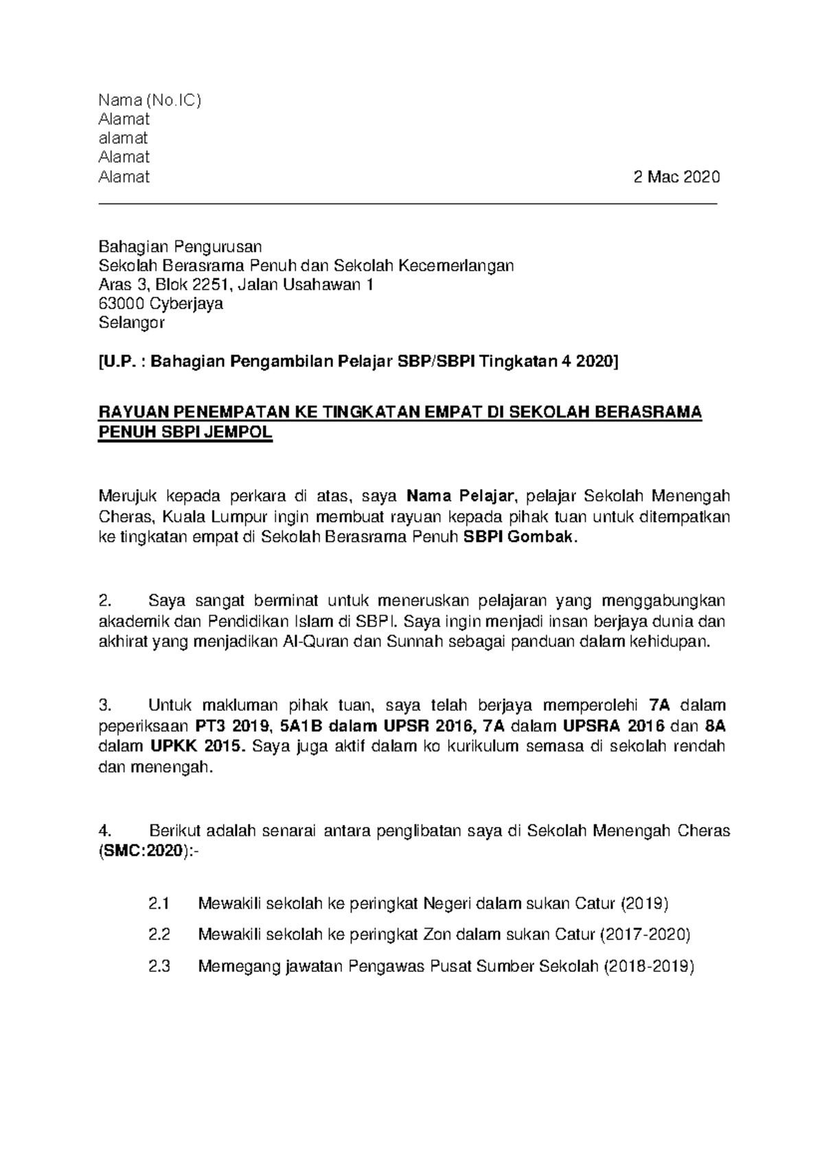 Rayuan Penempatan Tingkatan 4 di SBPI Gombak - 2020 - Studocu