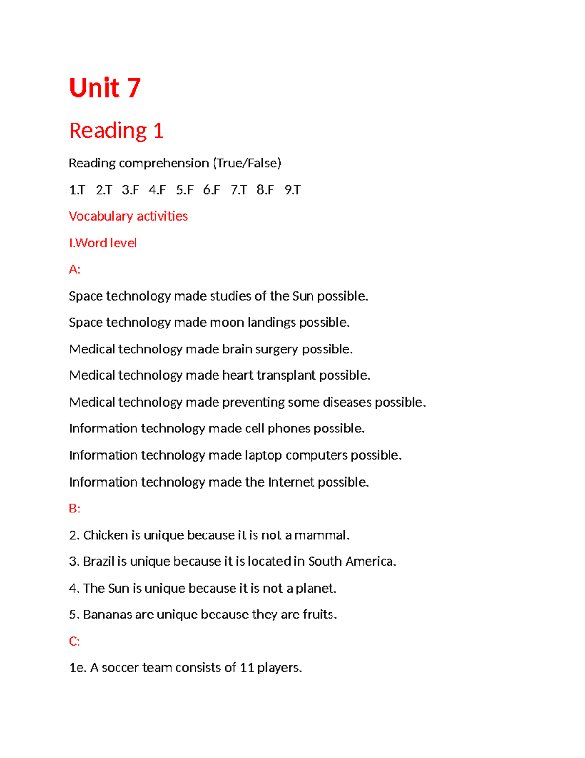 Unit 7 Reading Comprehension & Vocabulary Activities - Studocu