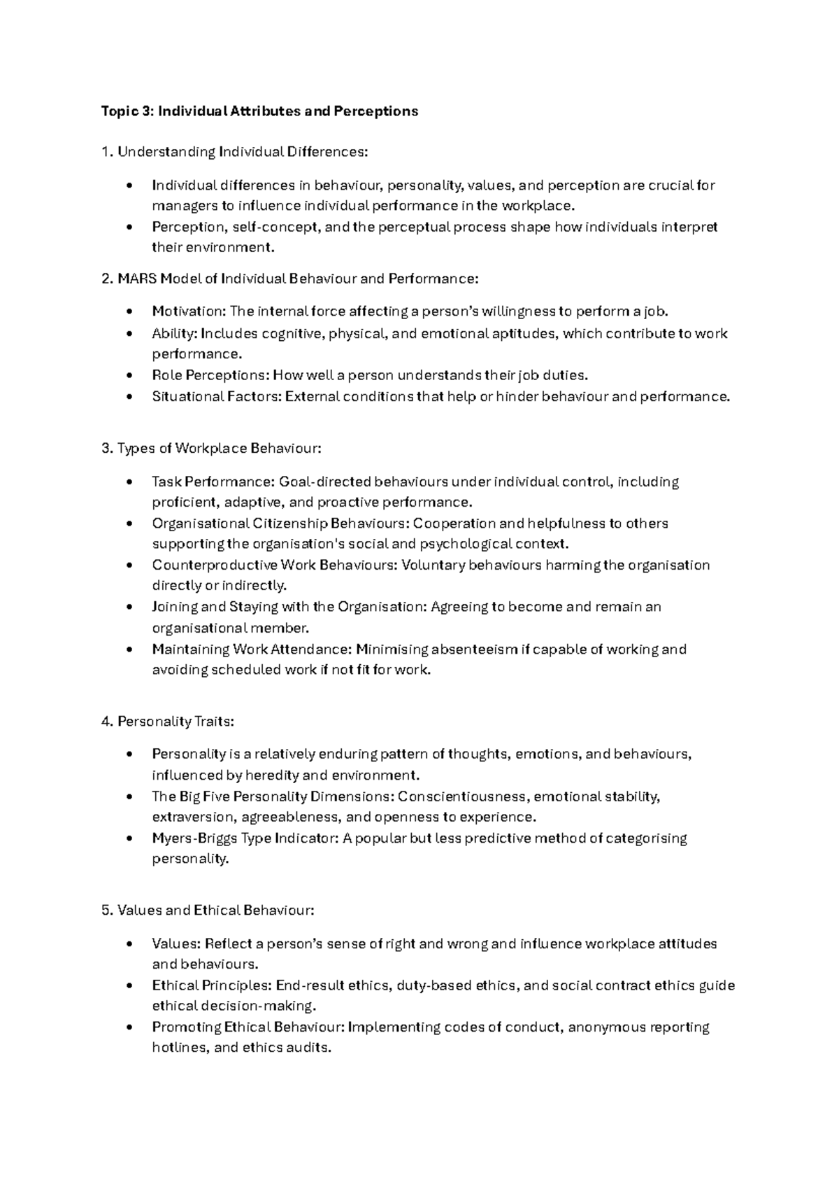 BUS293 - Topic 3: Individual Attributes & Workplace Perceptions Summary ...